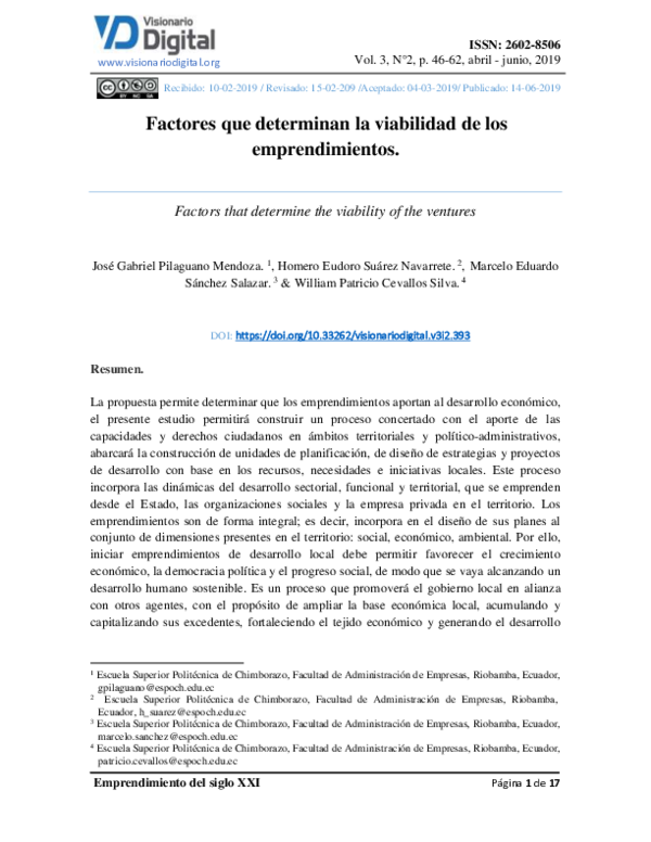 (PDF) Factores que determinan la viabilidad de los emprendimientos