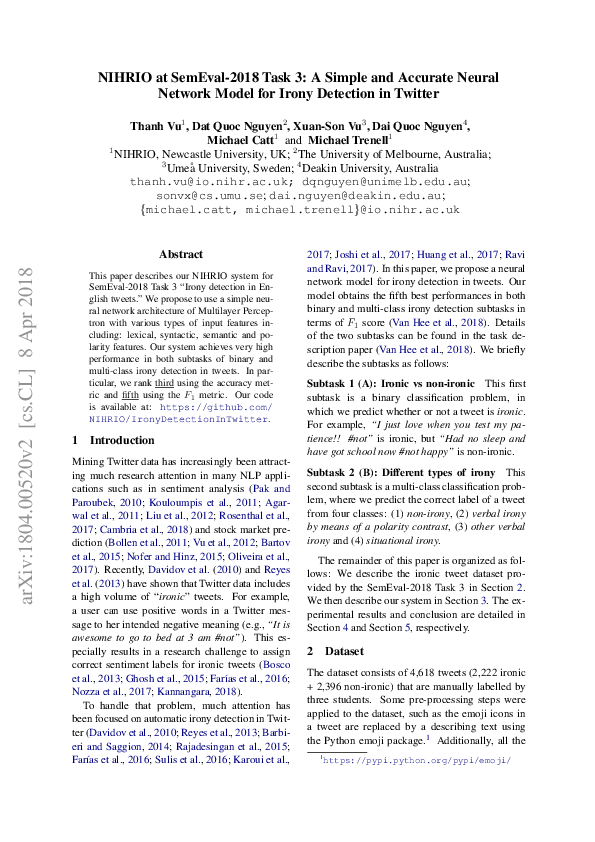 (PDF) NIHRIO at SemEval-2018 Task 3: A Simple and Accurate Neural Network Model for Irony ...