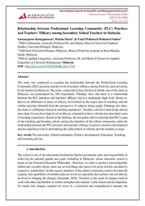 (PDF) Relationship between Professional Learning Community (PLC ...