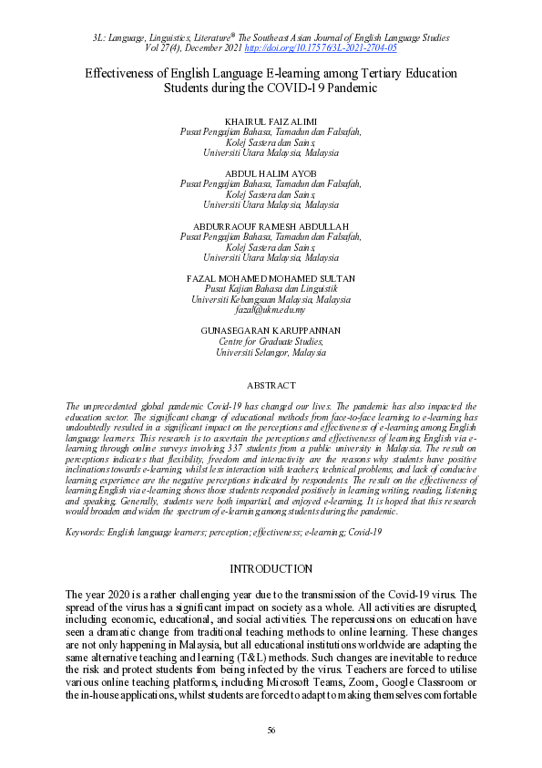 (PDF) Effectiveness of English Language E-learning among Tertiary Education Students during the ...