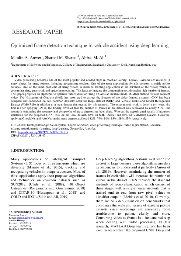 Pdf Optimized Frame Detection Technique In Vehicle Accident Using Deep Learning