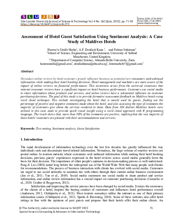 (PDF) Assessment of Hotel Guest Satisfaction Using Sentiment Analysis ...