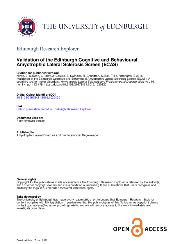 (PDF) Validation of the Edinburgh Cognitive and Behavioural Amyotrophic Lateral Sclerosis Screen ...