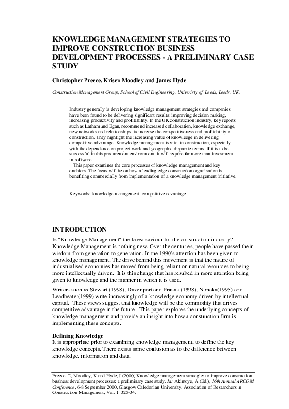 (PDF) Knowledge Management Strategies to improve construction business development processes. A ...