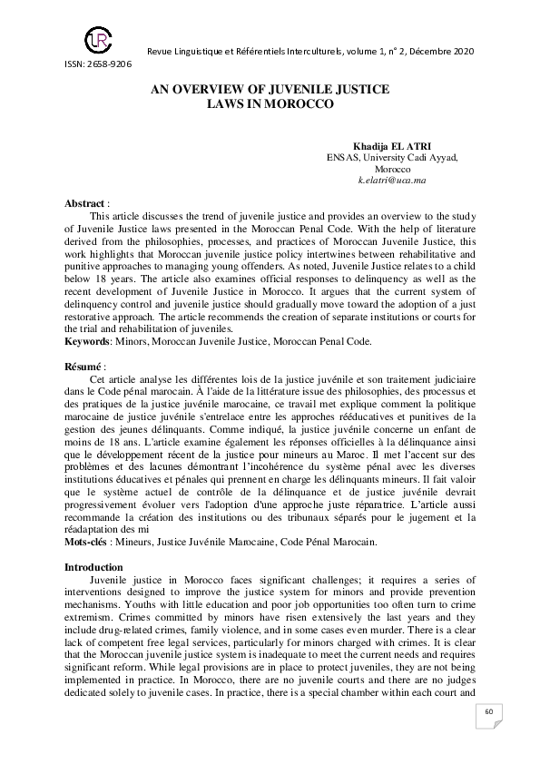 (PDF) AN OVERVIEW OF JUVENILE JUSTICE LAWS IN MOROCCO