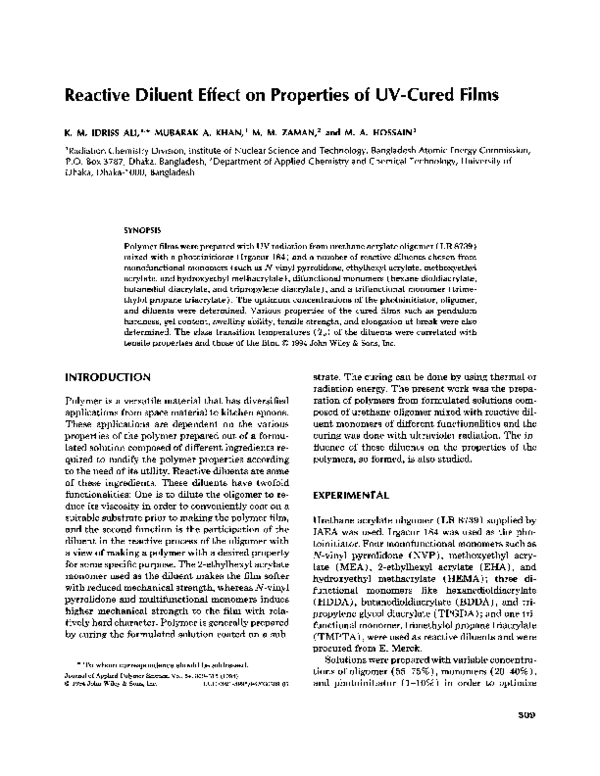 (PDF) Reactive diluent effect on properties of UV-cured films