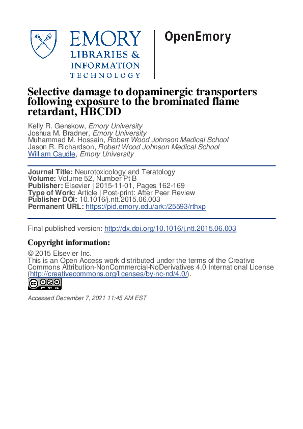 Selective damage to dopaminergic transporters following exposure to the ...