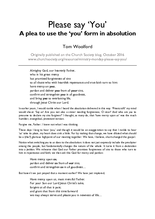(PDF) Please say 'You' : A plea to use the 'you' form in absolution