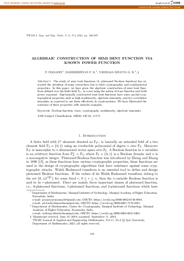 (PDF) Algebraic Construction of Semi Bent Function Via Known Power Function