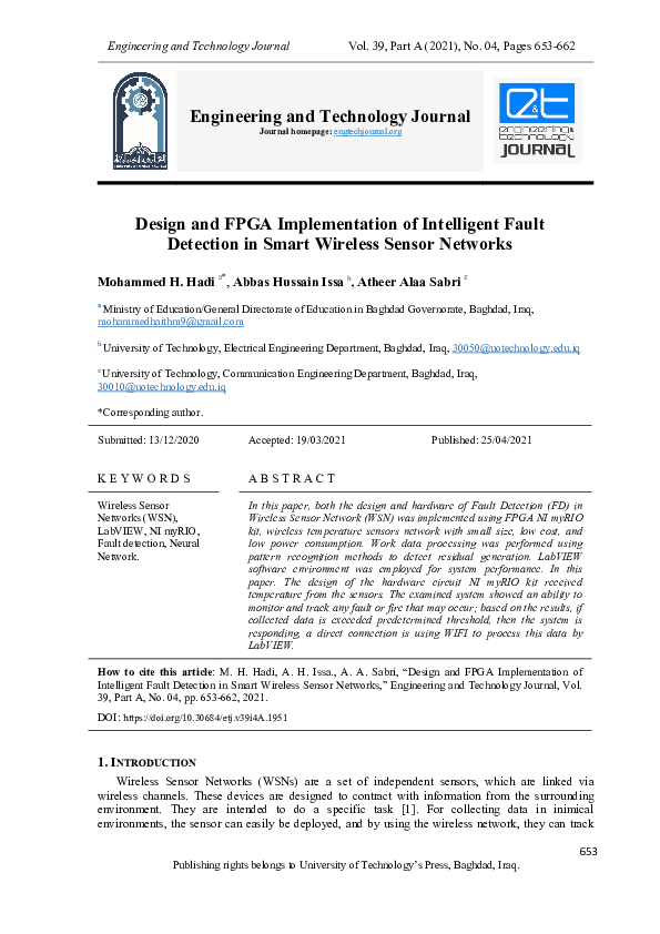 Pdf Design And Fpga Implementation Of Intelligent Fault Detection In Smart Wireless Sensor