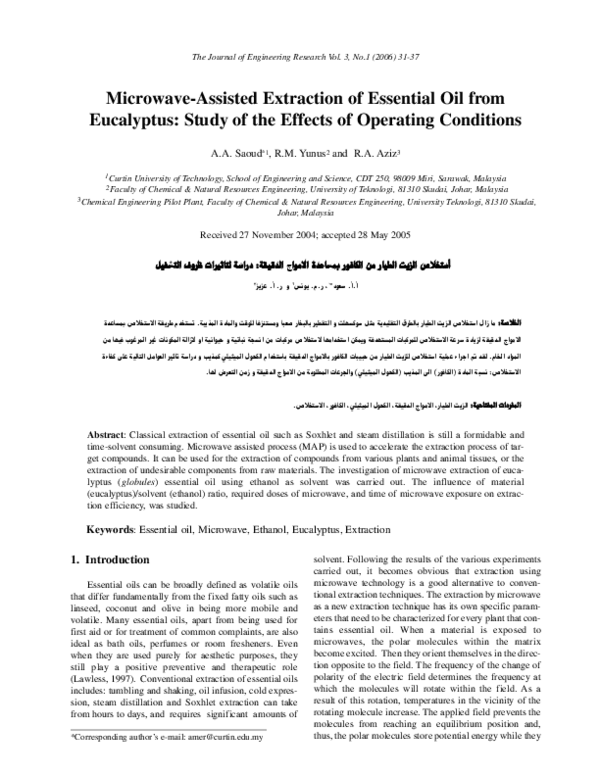(PDF) Microwave-Assisted Extraction of Essential Oil from Eucalyptus: Study of the Effects of ...