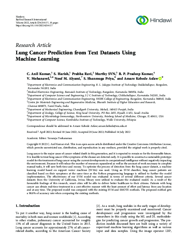 Pdf Lung Cancer Prediction From Text Datasets Using Machine Learning