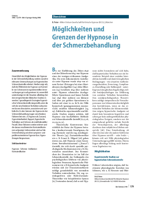 (PDF) Möglichkeiten und Grenzen der Hypnose in der Schmerzbehandlung