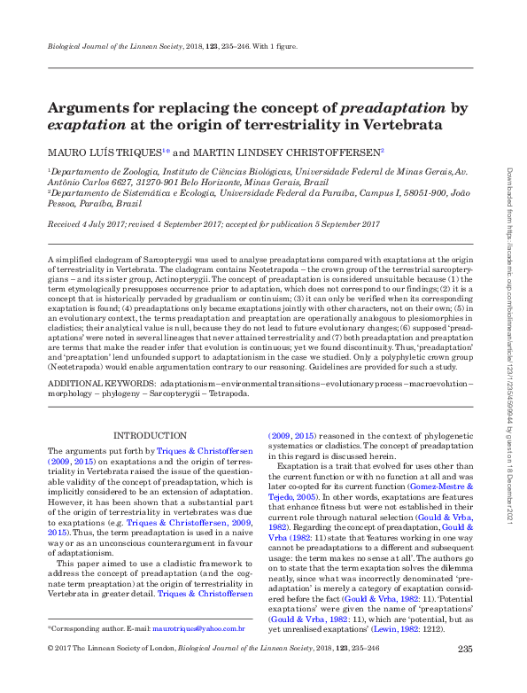 (PDF) Arguments for replacing the concept of preadaptation by exaptation at the origin of ...