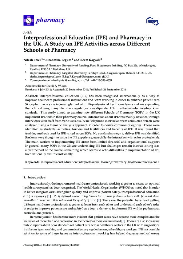 (PDF) Interprofessional Education (IPE) and Pharmacy in the UK. A Study on IPE Activities across ...