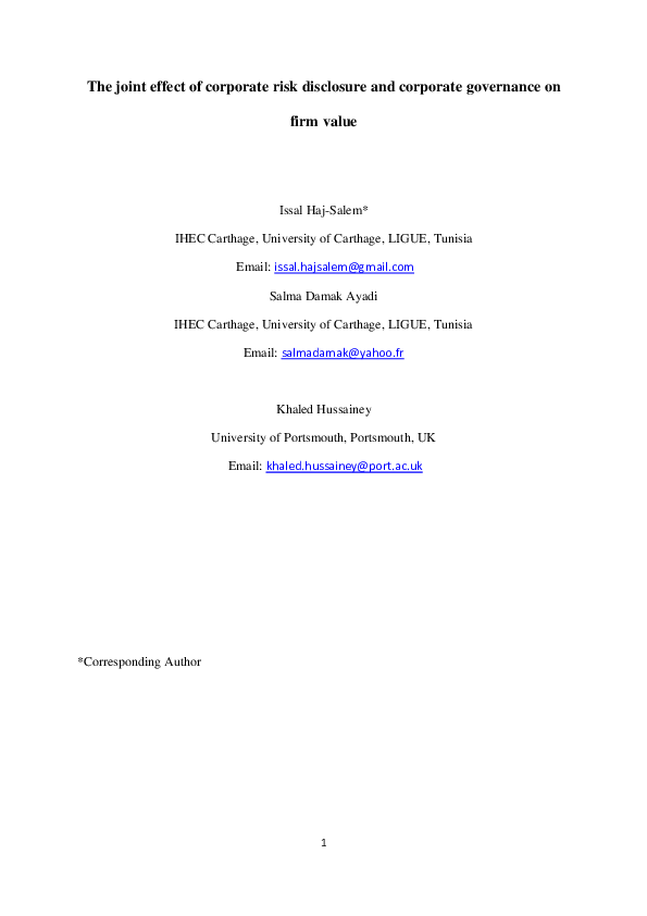 (PDF) The joint effect of corporate risk disclosure and corporate governance on firm value