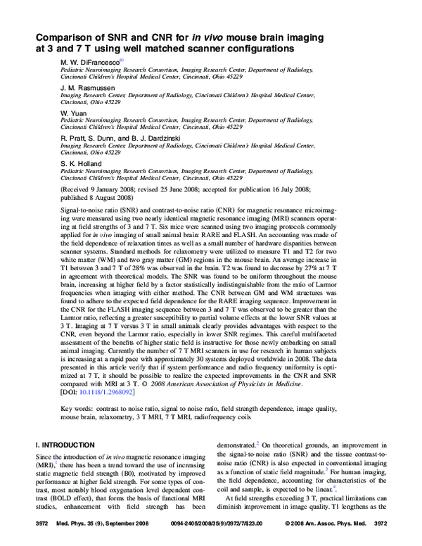 (PDF) Comparison of SNR and CNR for in vivo mouse brain imaging at 3 ...