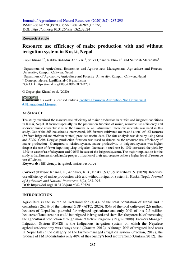 (PDF) Resource use efficiency of maize production with and without irrigation system in Kaski, Nepal