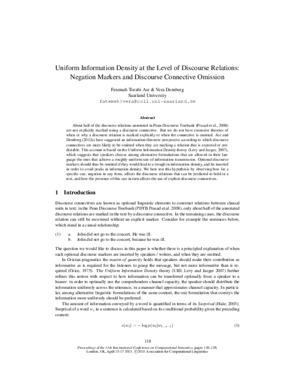 (PDF) Uniform Information Density at the Level of Discourse Relations ...
