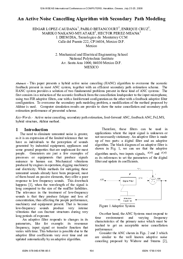 Pdf A Hybrid Active Noise Cancelling With Secondary Path Modeling