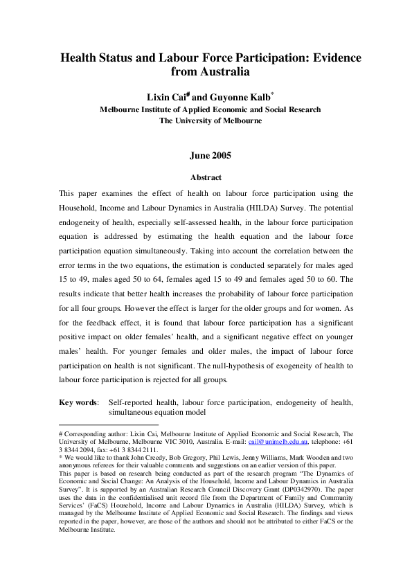 (PDF) Health status and labour force participation: evidence from Australia