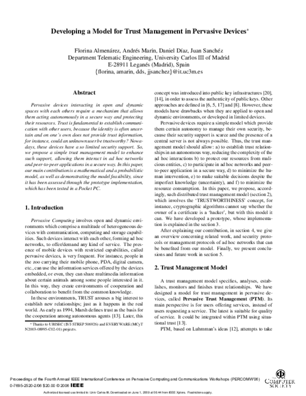 (PDF) Developing a Model for Trust Management in Pervasive Devices