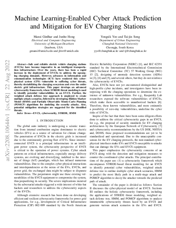 (PDF) Machine Learning-Enabled Cyber Attack Prediction and Mitigation for EV Charging Stations