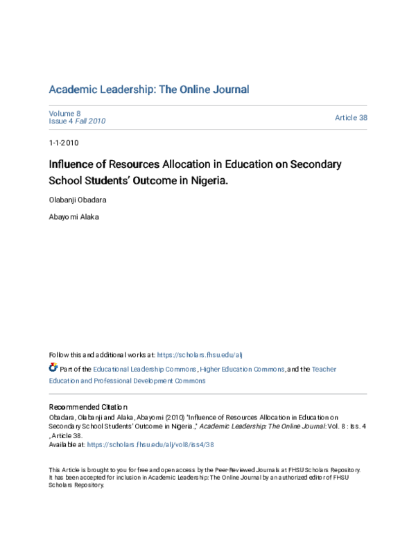 (PDF) Influence of Resources Allocation In Education on Secondary ...