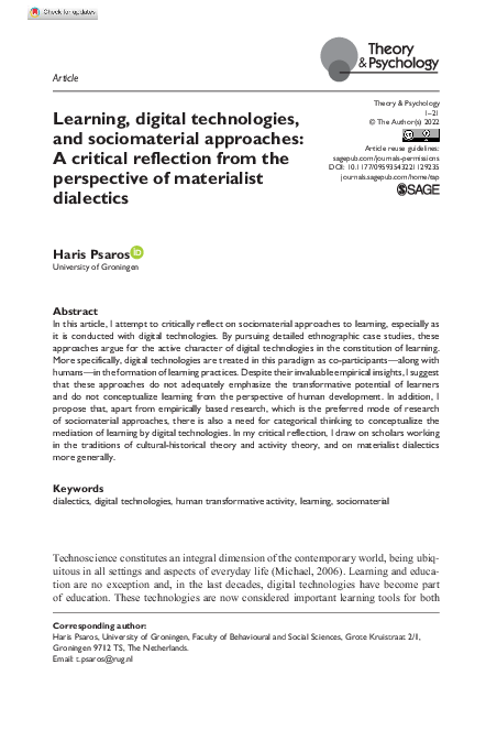 (PDF) Learning, digital technologies, and sociomaterial approaches: A critical reflection from ...