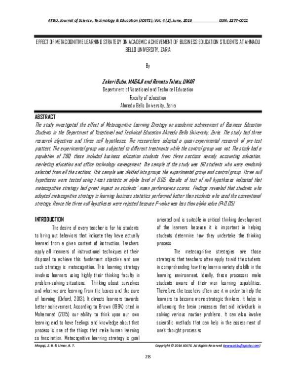 (PDF) Effect of Metacognitive Learning Strategy on Academic Achievement ...