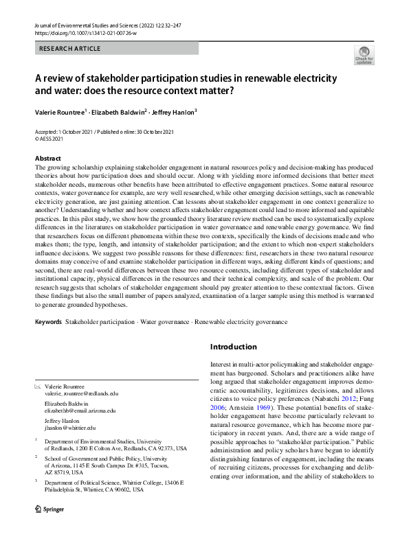 (PDF) A review of stakeholder participation studies in renewable ...