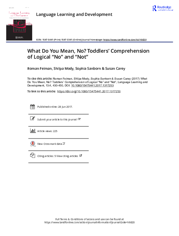 (PDF) What Do You Mean, No? Toddlers’ Comprehension of Logical “No” and ...