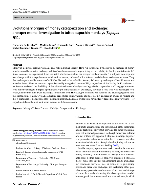 (PDF) Evolutionary origins of money categorization and exchange: an ...