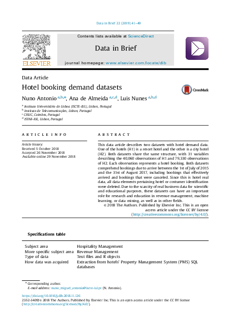 (PDF) Hotel booking demand datasets