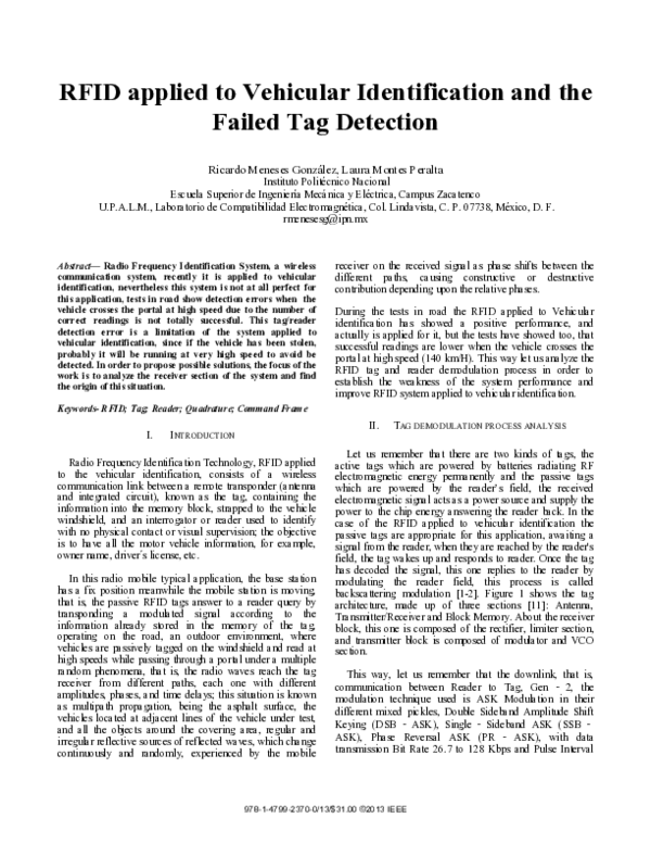 (PDF) RFID applied to vehicular identification and the failed tag detection