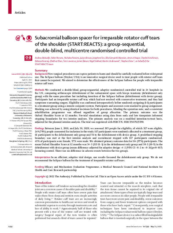 (PDF) Subacromial balloon spacer for irreparable rotator cuff tears of ...