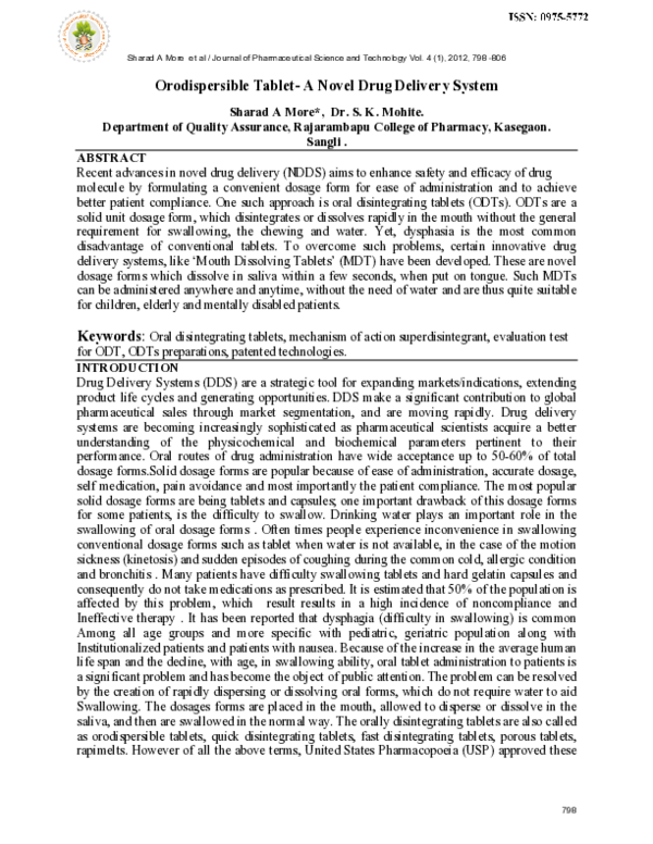 (PDF) Orodispersible Tablet- A Novel Drug Delivery System