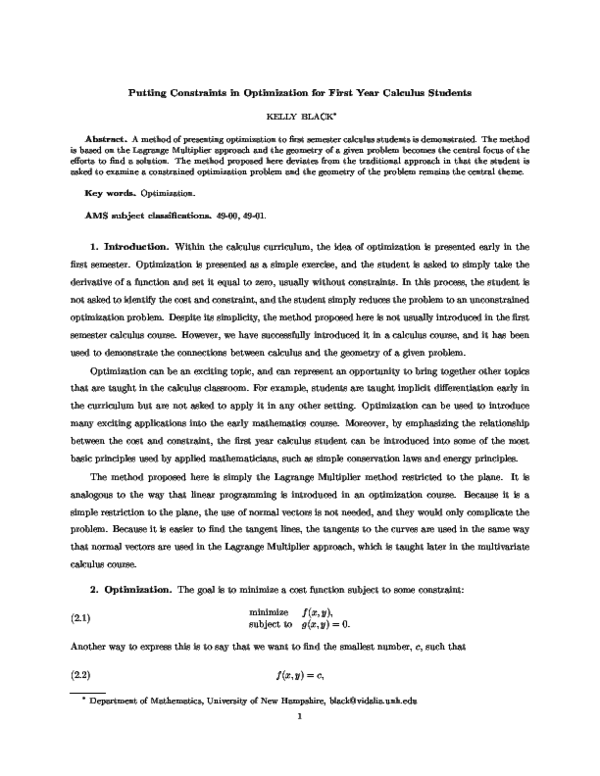 (PDF) Classroom Note: Putting Constraints in Optimization for First ...