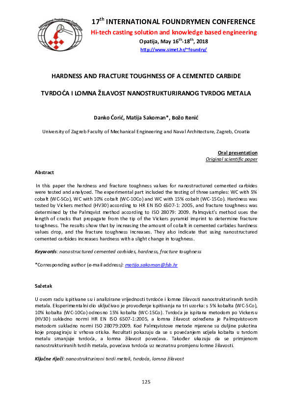 Pdf Hardness And Fracture Toughness Of A Cemented Carbide