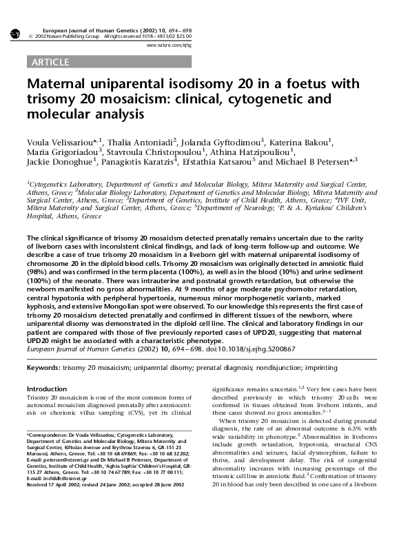 (PDF) Maternal uniparental isodisomy 20 in a foetus with trisomy 20 ...