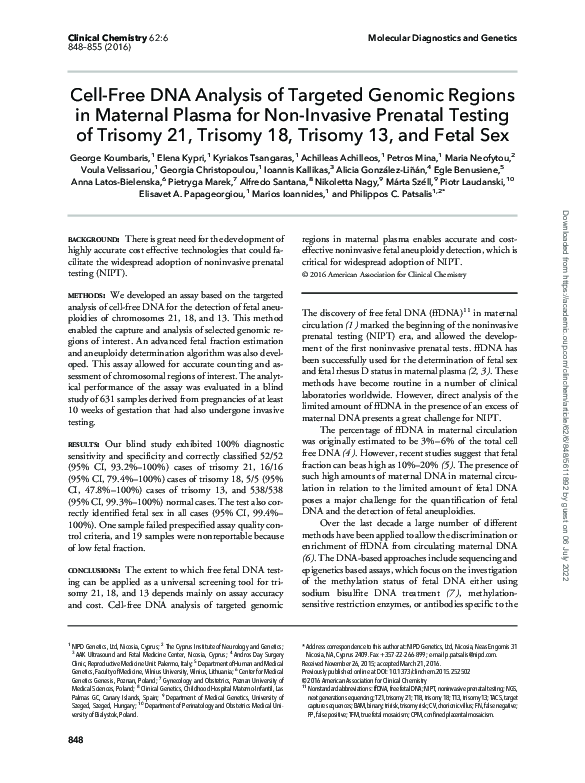 Pdf Cell Free Dna Analysis Of Targeted Genomic Regions In Maternal 0730