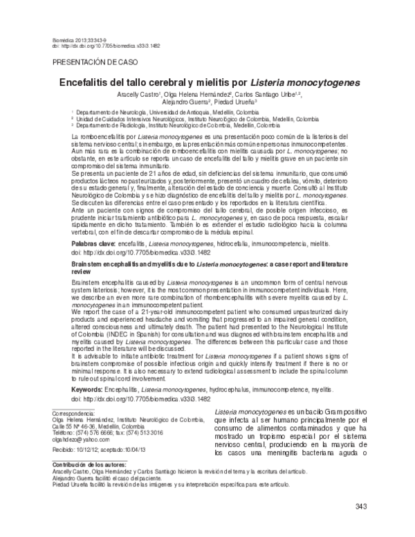 (PDF) Encefalitis del tallo cerebral y mielitis por Listeria ...