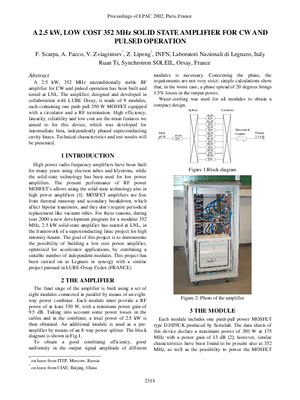 (PDF) A 2.5 kW, LOW COST 352 MHz SOLID STATE AMPLIFIER FOR CW AND ...