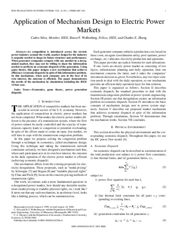 (PDF) Application of mechanism design to electric power markets