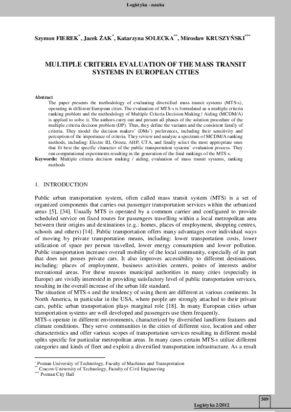 (PDF) Multiple criteria evaluation of the mass transit systems in ...