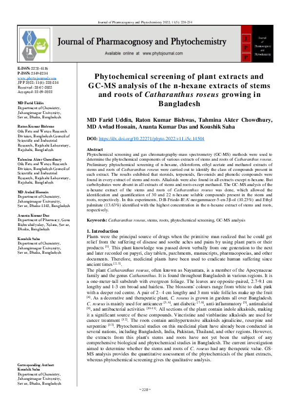 (PDF) Phytochemical screening of plant extracts and GC-MS analysis of the n-hexane extracts of ...