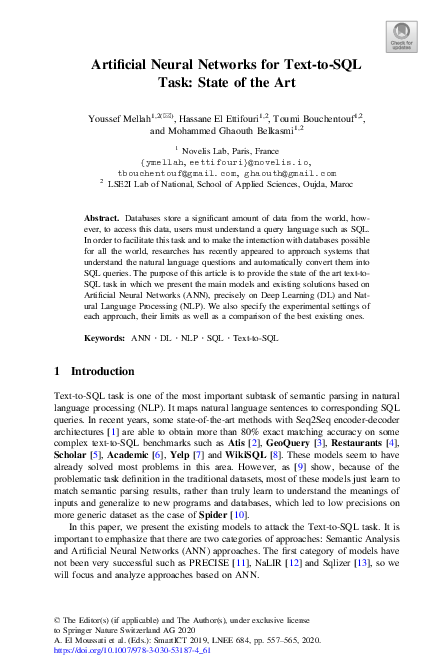 (PDF) Artificial Neural Networks for Text-to-SQL Task: State of the Art