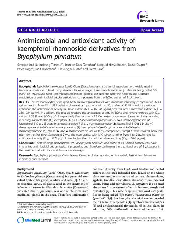 (PDF) Antimicrobial and antioxidant activity of kaempferol rhamnoside ...