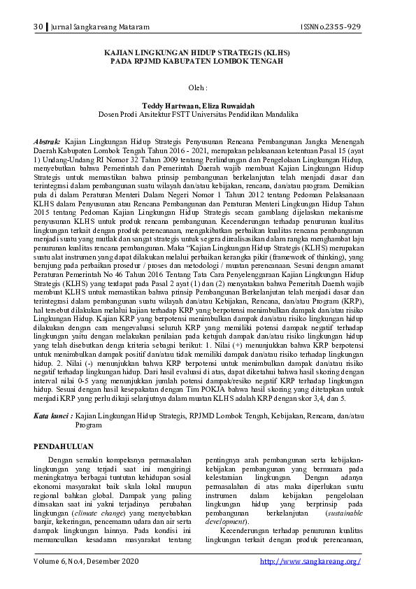 (PDF) Kajian Lingkungan Hidup Strategis (KLHS) Pada RPJMD Kabupaten Lombok Tengah