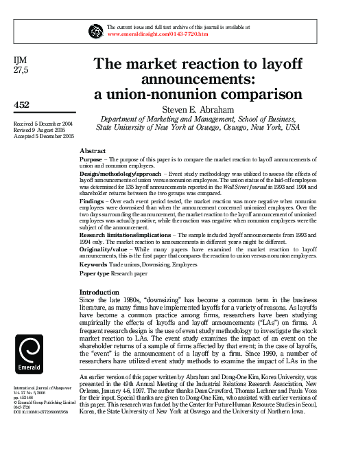(PDF) The market reaction to layoff announcements: a union‐nonunion ...